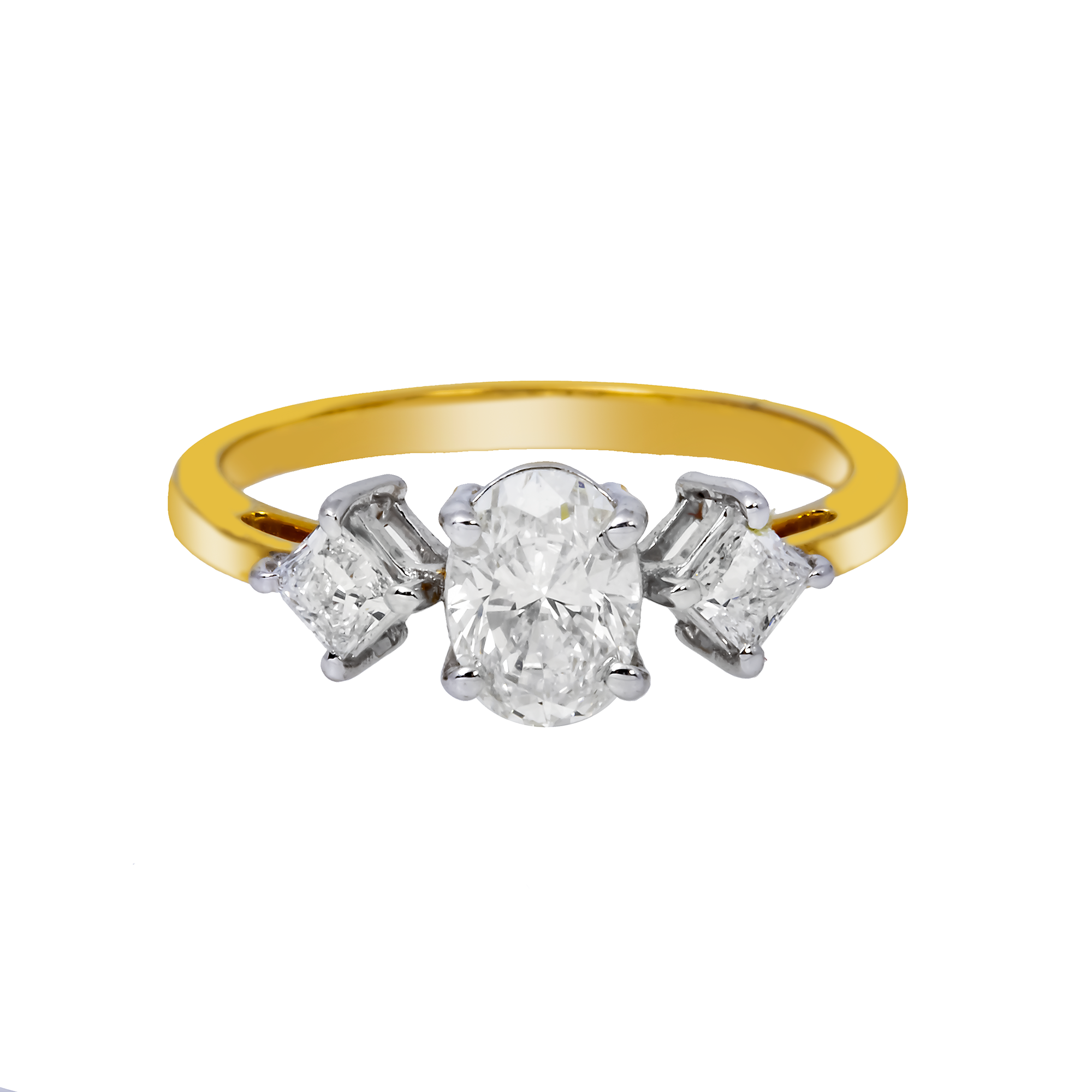 14K GOLD OVAL AND PRINCESS CUT LAB DIAMOND THREE STONE ENGAGEMENT RING – Say Yes By OMI